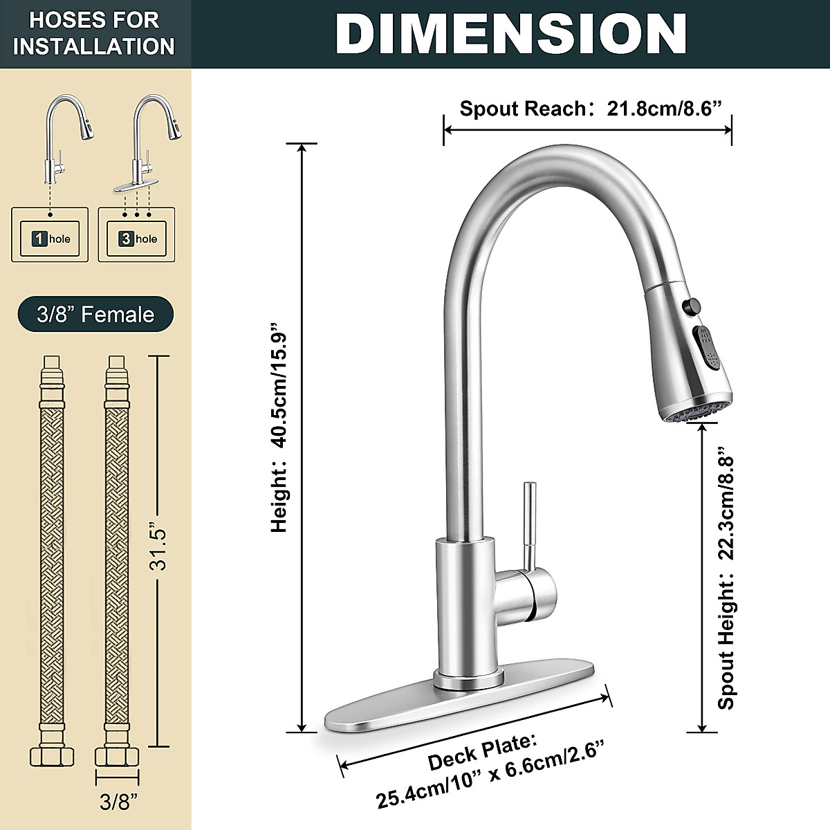 Herogo Kitchen Sink Faucet, Kitchen Faucets with Pull Down Sprayer Brushed Nickel, Stainless Steel High Arc Single Handle Faucet with 1 Hole or 3 Hole Deck Plate for Farmhouse Laundry RV Wet Bar Sinks