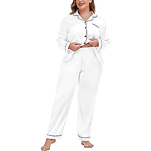 SWOMOG White Pajama Set for Plus Size Women Silk Satin Pajamas Long Sleeve Pjs Button-Down Pj Set Soft Sleepwear Set 22W