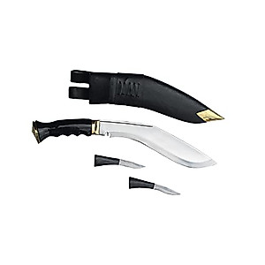 ESK GROUP ESK HANDMADE KUKRI KNIFE MACHETE - 10.5 INCH CARBON STEEL BLADE and 5 INCH HORN HANDLE WITH BLACK COLOUR GENUINE LEATHER SHEATH AND TWO SMALL KNIVES, MADE IN NEPAL