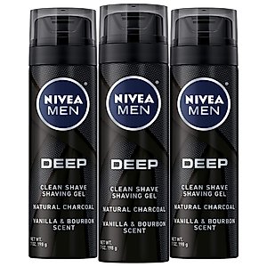 NIVEA MEN DEEP Clean Shave Gel with Natural Charcoal, 3 Pack of 7 Oz Cans