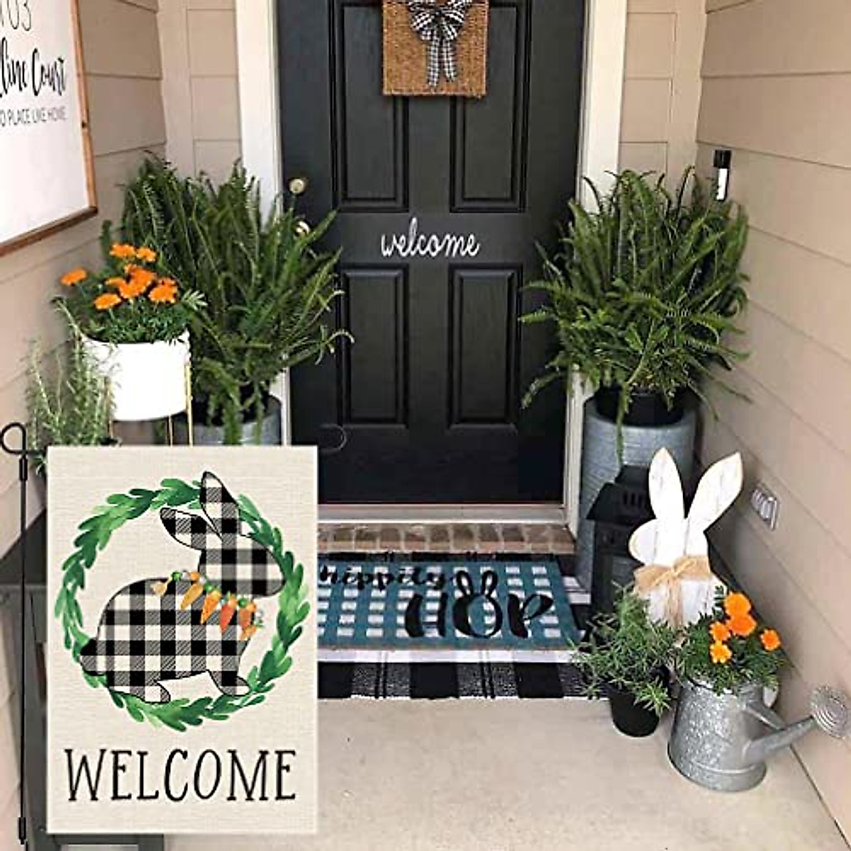 PANDICORN Easter Garden Flag 12x18 Inch Double Sided, Spring Easter Black Buffalo Plaid Check Bunny Decorations, Small Vertical Welcome Holiday Decor for Outdoor Yard Garden