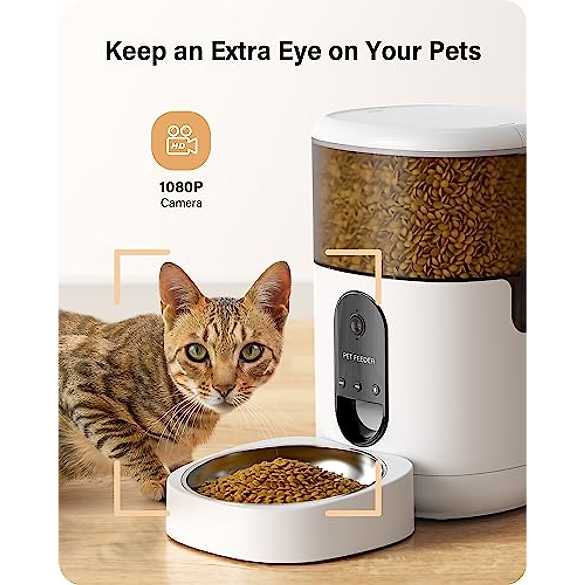 Hicreate Automatic Cat Feeder with Camera, Night Vision, 1080P HD Video & WiFi APP Control Automatic Cat Food Dispenser, 4L Dry Food Feeder for Cats and Dogs, Set up to 8 Meals, Timer, Sound Alerts