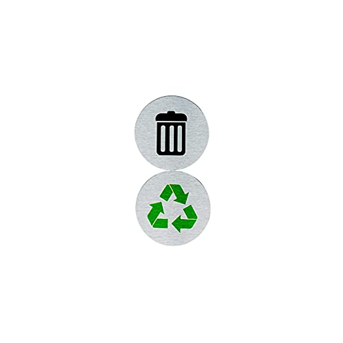 5.5" Round, Metal Trash & Recycling Signs | Set of 2 Garbage & Recycling Bin Markers | Brushed Silver Aluminum Signs with 1 Black Trash Sign & 1 Green Recycle Sign | Signs for Sustainability