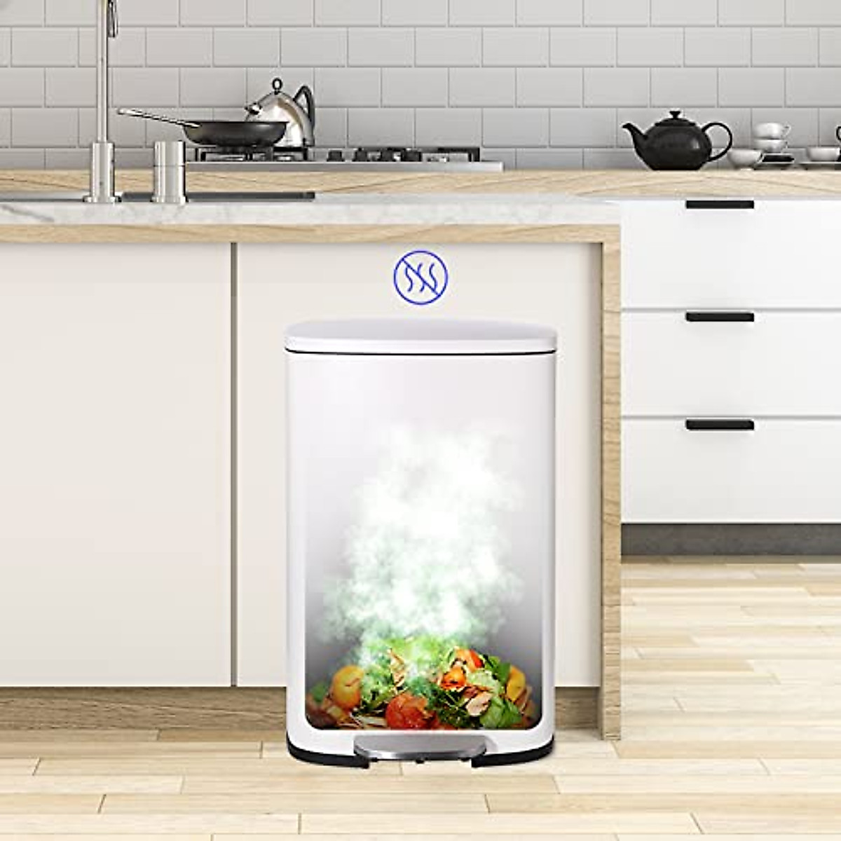 Increkid 13.2 Gallon Trash Can, Stainless Steel Kitchen Garbage Bin with Inner Buckets and Hinged Lid, Rectangular Step on Dustbin, Soft-Close, Airtight for Home Office Bathroom Mall（50 L） (White)