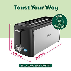 BELLA 4 Slice Toaster, Long Slot & Removable Crumb Tray, 7 Shading Options with Auto Shut Off, Cancel & Reheat Button, Toast Bread & Bagel, Stainless Steel & Black