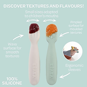 BEABA Set of 2 Silicone Pre-Spoons, For Babies 4-8 Months, Ultra-Soft Silicone Spoons to Help with Self Feeding, Designed with Specialist, Baby Utensils, Sage/Grey