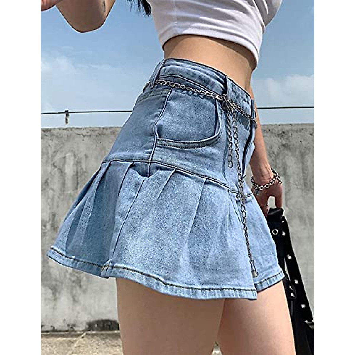 Dqbeng Womens Jean Skirt Y2K High Waist A-Line Ruffle Pleated Denim Mini Skirt (LightBlue-S)