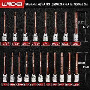 LLNDEI 3/8-Inch Drive Extra Long Allen Hex Bit Socket Set 19PCS- Standard SAE & Metric (1/8"-3/8", 3-12mm), CR-V&S2 Alloy Steel, Durable Tool Accessories Kit for Mechanics