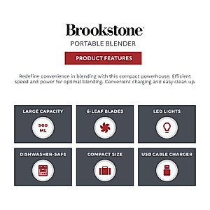 Brookstone 500mL Compact Portable Blender with Additional Lid for On-the-Go Convenience - Personal Blender Perfect for Shakes, Smoothies, Food Prep, and Frozen Blending, BPA-Free (Black)