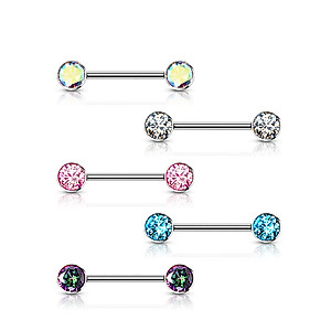 Pierced Owl 14GA Implant Grade Titanium 5/8" Internally Threaded Bezel Set Crystal Nipple Barbells, Sold as a Pair (Aurora Borealis)