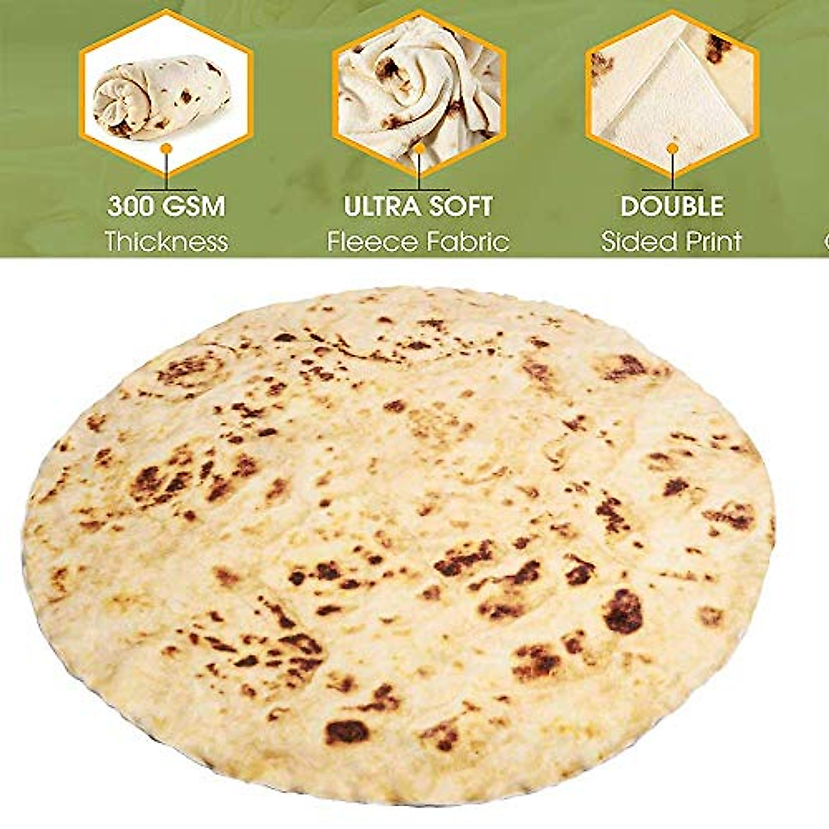 GZDDG Burrito Tortilla Blanket, Perfectly Round Novelty Food Wrap Blanket Creative Food Flour Throw, Comfort Wearable Blanket for Bed & Sofa (59 inch)