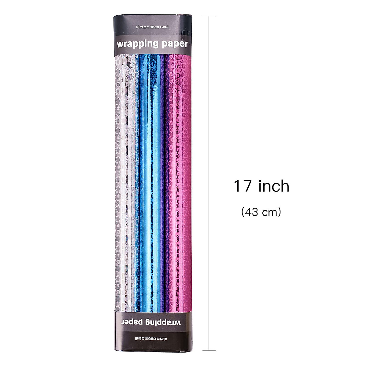 LeZakaa Holographic Foil Wrapping Paper - Mini Roll - Pink Heart/Blue and Silver Flower Design for Birthday, Wedding, Bridal Shower - 17 x 120 inches - 3 Rolls (42.5 sq.ft.ttl.)