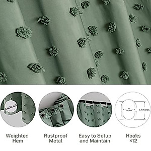 Siiluminisoy Green Boho Shower Curtain Woven Fabric Cute Shower Curtain, 72 x 72 Tufted Pleat Floral Textured Modern Farmhouse Minimalist Shower Curtain Set with Hooks for Bathroom