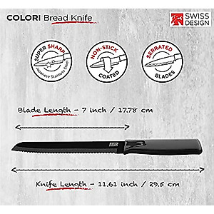 Kuhn Rikon Colori Bread Knife with Safety Sheath, 7 inch/17.78 cm Blade, Black