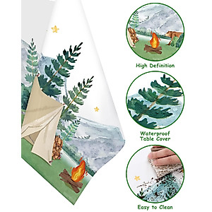 Nefelibata 3 pcs Camping Birthday Decorations Table Cover Waterproof Tablecloths One Happy Camper Party Camping Favors Bachelorette Happy Camper for Boys Girl Plastic Table Runner Disposable Supplies