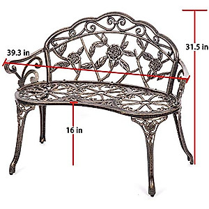 HGS Garden Bench Patio Benches Park Yard Outdoor Bench Furniture Cast Aluminum Rose Antique Metal Porch Path Bench Durable Lawn Bench, Bronze