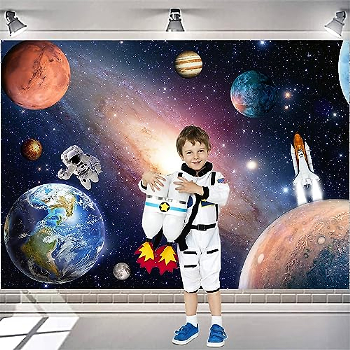 YMWQLAL Outer Space Backdrop for Baby Kids Astronaut Themed Birthday Party Decorations Supplies Universe Galaxy Stars Photography Background for Children Birthday Banner Photo Booth (7x5 FT)