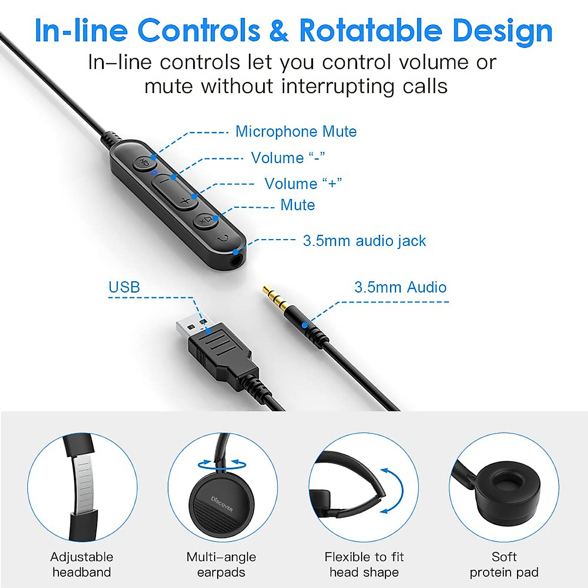 Discover D312U Dual Speaker Headset with USB and 3.5mm Connection- Compatible with Computer Apps Like Microsoft Teams, Zoom, RingCentral, Cisco, Avaya and Cell Phones with a 3.5mm Port