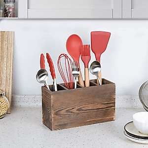 WuGeShop Rustic Utensil Caddy, 4 Adjustable Compartments Wooden Silverware Caddy, Upgraded Version kitchen Utensil Holders for Countertop