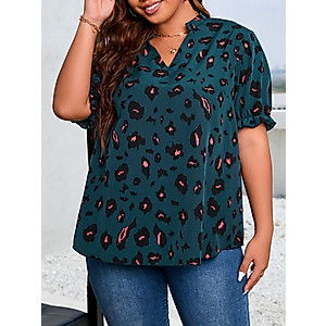 SOLY HUX Women's Plus Size Allover Printed Notched V Neck Short Sleeve Casual Blouse Tops Teal Blue 1XL