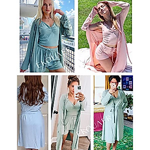 Ekouaer 3 Piece Pajama Set Women Cami Pjs with Shorts and Long Sleeve Cardigan Knit Lounge Outfits Green