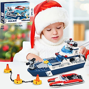 COGO MAN City Police Patrol Boat Building Blocks with Race Boat, Coast Guard Ship Cop Chase Crook Boat Building Toys, Police Toy Gift for Boys Kids Aged 6-12, 285 Pieces