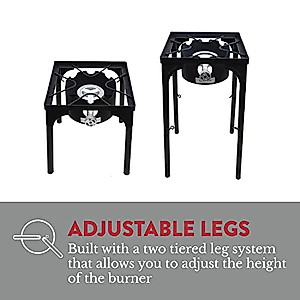 GasOne Propane Single Burner Camp Stove with High Temp Paint & Red QCC Steel Braided Regulator with Height Adjustable Leg