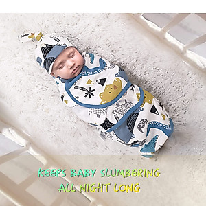 SEZUO Boys Swaddle Set, Large, 3pcs Wrap Blankets with 3pcs Baby Cotton Caps,3-6 Months (Doodle Dinosaur)