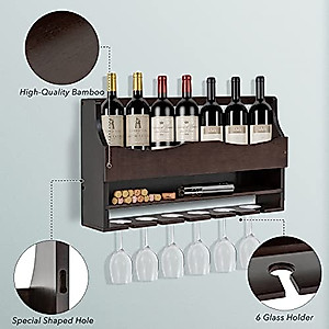 Wall Mounted Wine Rack Bamboo, DHMAKER Wine Bottles Holder with Hanging Stemware Glasses Set and Wine Cork Storage, Home Kitchen Decor, Espresso