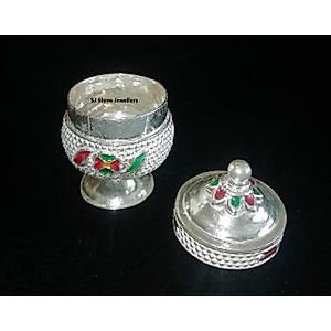shree jewellers SJ Pure Silver Designer Meenakari Sindoor Dabbi with Lid, Pooja Items for Home, KumKum Round Box Spiritual Gift Item ~ Small Size 3.5 x 2.4 cm