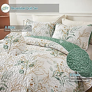 Floral Quilt Queen Size,Green Botanical Queen Quilt 3 Pieces,Reversible Soft Bedspread Queen Size for All-Season(96"x90")