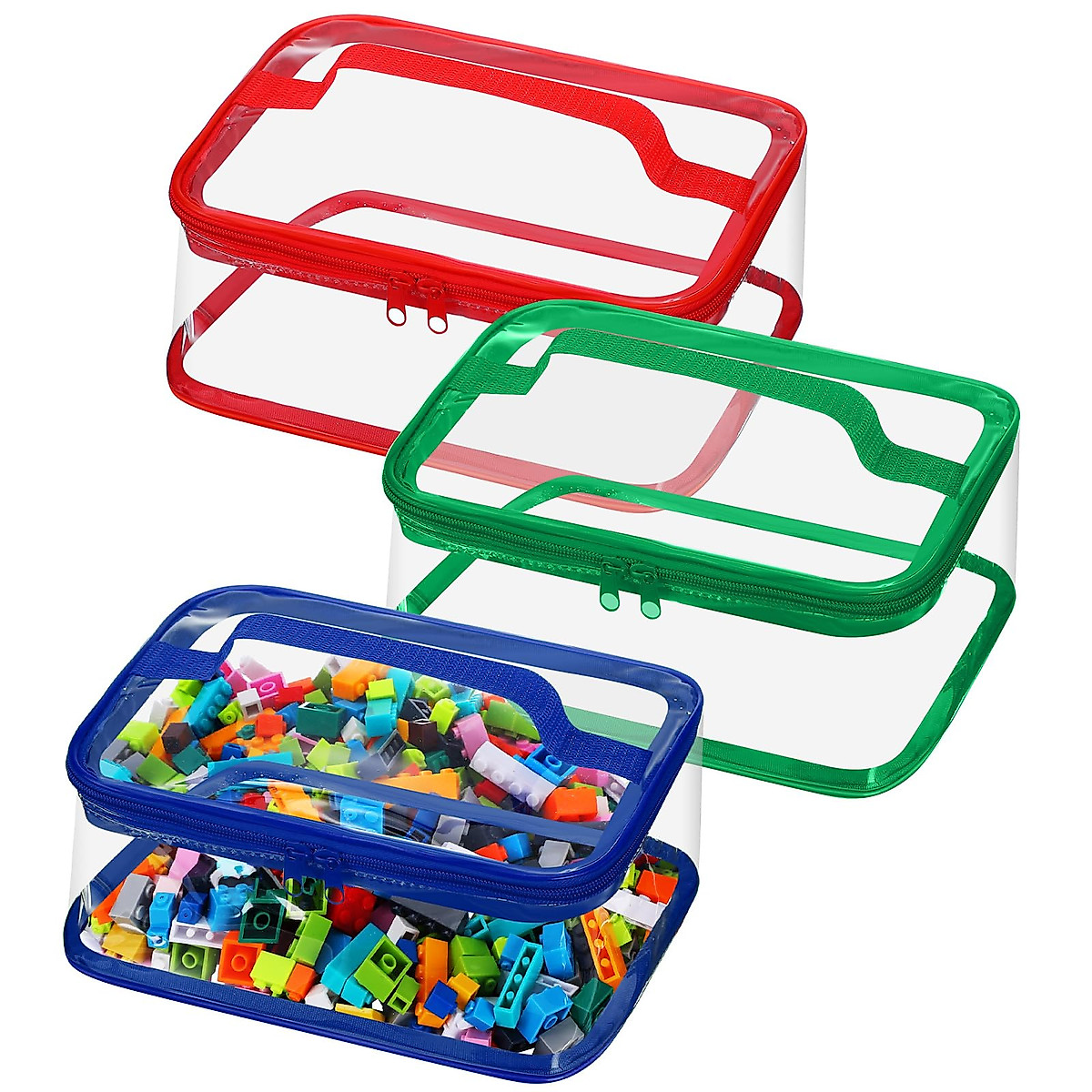 Nitial 3 Packs Small Clear Toy Storage Bags, PVC Toy Storage Bags with Zipper Handle, Waterproof Storage Bag Container for Small Toys, Building Blocks and Board Games(Red, Blue, Green)