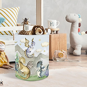 Clastyle 45L Kids Cute Dragon Nursery Hamper Mountain Tree Dirty Clothes Collapsible Laundry Basket Round Cloud Toys Storage Basket with Drawstring