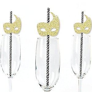 Big Dot of Happiness Gold Glitter Masks Party Straws - No-Mess Real Gold Glitter Cut-Outs & Decorative Masquerade Mardi Gras Party Paper Straws - Set of 24
