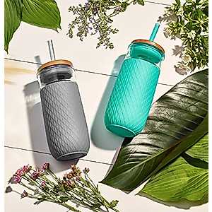 Ello Devon Glass Tumbler , Protective No Sweat Silicone Sleeve and Splash Proof Wooden Detail Lid with Straw, 18 oz