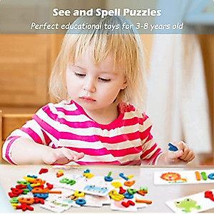 Wooden Toddler See and Spelling Learning Toy Matching Alphabet Word Game with 56 Different Words on 28 Two-Sided Cognitive Cards Letter Jigsaw Puzzle Toys for Kid’s Montessori Preschool Education