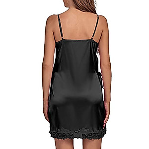 LYANER Women's Satin Lace Trim Babydoll Spaghetti Strap Wrap Tie Chemise Sleepwear Mini Dress Black Small