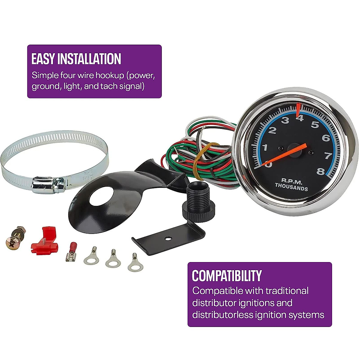 3-1/2" Chrome Electric Tachometer Kit 8K RPM - Perfect for Hot Rods, Comprehensive On-Dash/Under-Dash/Steering Column Installation, Steel Mounting Bracket, Hardware & Electrical Connectors Included