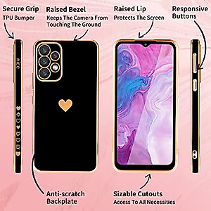 Shorogyt Heart Case for Samsung Galaxy A32 5G (Not Fit 4G) 6.5 Inch Women Cute Aesthetic Love Hearts Pattern Girls Black Gold Luxury Girly Design Cases Trendy Cover+Screen+Chain for A32 5G 6.5”(3in1)