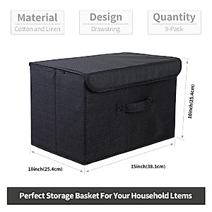 9 Pack Decorative Storage Bins Containers & Fabric Bins with Lids Storage Baskets for Shelves Drawers, Desktop, Closet, Playroom, Classroom, Office, Bedroom, Home, Garage (black, 14.9x10x10)