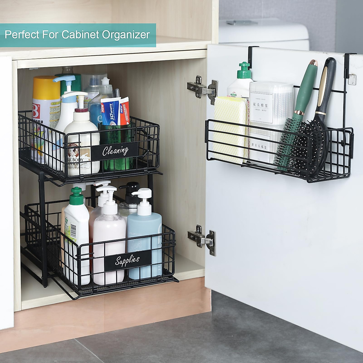 Under Sink Organizers and Storage, Pull Out Under Bathroom Cabinet Organizer with Sponge Holder, Sliding Out Closet Organizer and Storage Basket Drawer for Kitchen Cabinet Bathroom Counter Undersink