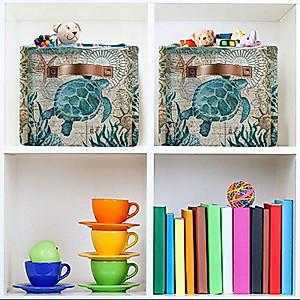 AUUXVA Sea Ocean Turtle Retro Map Storage Basket Bin Seaweed Large Fabric Toys Storage Cube Box with Handles Collapsible Closet Shelf Cloth Organizer Basket Set of 2 for Nursery Bedroom