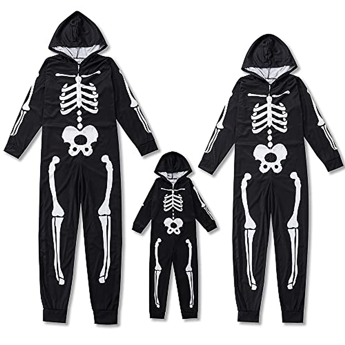 Family Halloween Skeleton Pajamas Funny Zipper Hooded Jumpsuit Matching Family Pjs Sleepwear (Women, Medium)