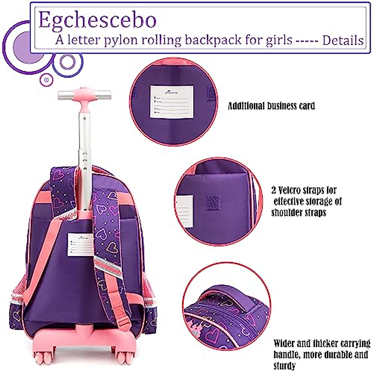 Egchescebo Kids Pylons Rolling Backpack for Girls 17" Suitcases Trolley Backpacks with Wheels 3PCS Luggage Backpacks Wheels with Lunch Box Pencil Case for Elementary Girl Travel School Bag Purple