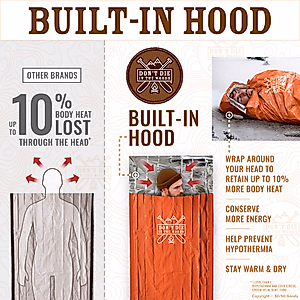 Don’t Die in The Woods - World’s Toughest Survival Bivy [with Hood Extension] Extra-Thick Emergency Sleeping Bag with Ripstop Nylon Stuff Sack - Built with Space Blanket Thermal Mylar