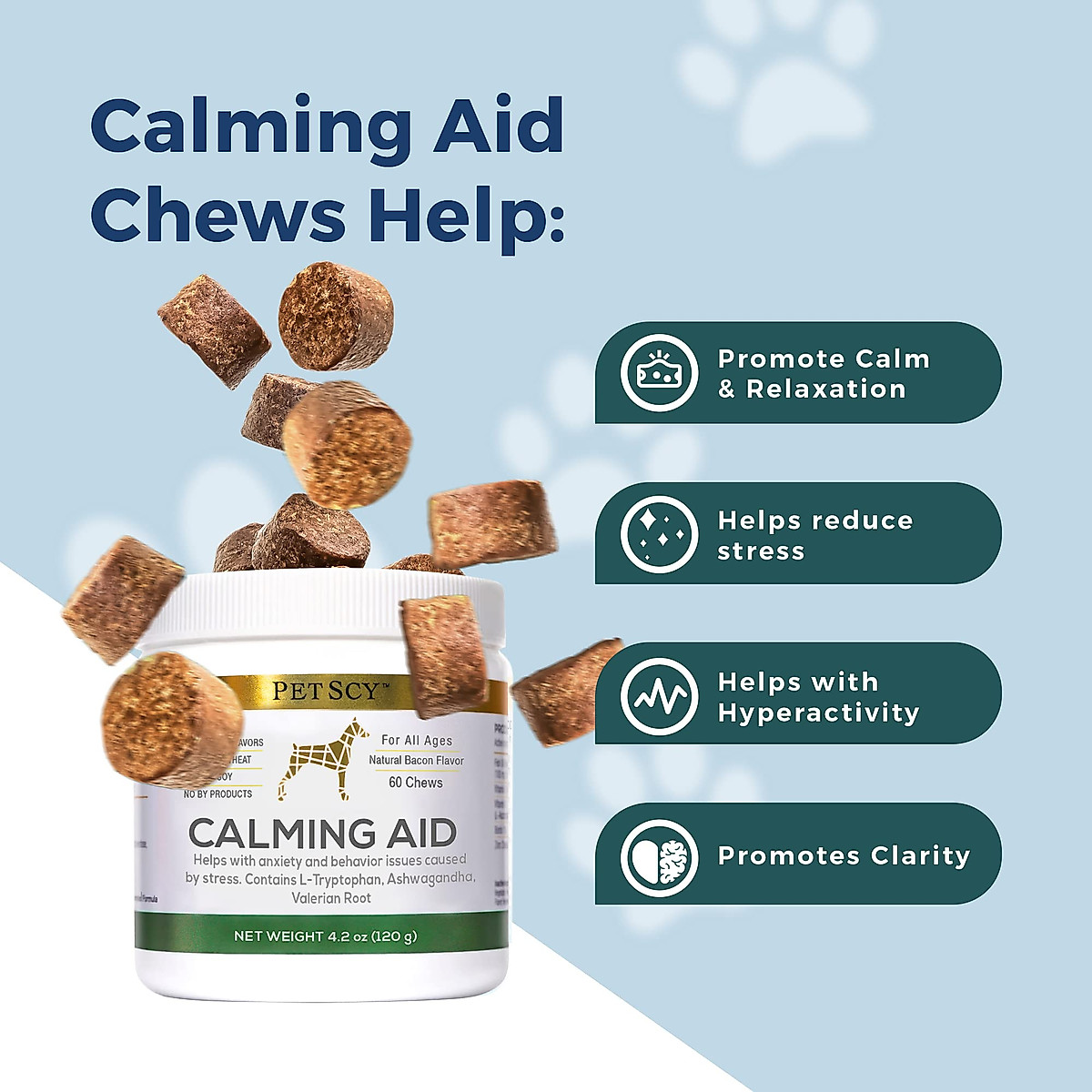 Petscy - Calming Chews for Dogs, Natural Dog Calming Chews with GABA and Lemon Balm for Stress & Anxiety Relief, Bite Sized Dog Anxiety Chews, Calming Dog Treats, 120g
