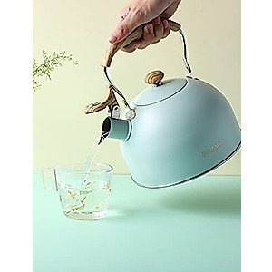 Tea Kettle, BELANKO 85 OZ / 2.5 Liter Whistling Tea Kettle, Tea Pots for Stove Top Food Grade Stainless Steel with Wood Pattern Folding Handle, Loud Whistle Kettle for Tea, Coffee, Milk - Turquoise