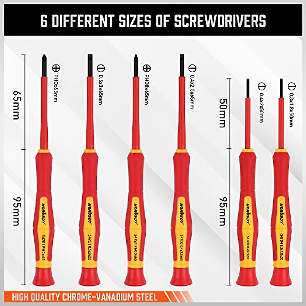 HORUSDY 1000V 6-Piece Mini Insulated Screwdriver Set, Magnetic Tip Mini Electrician Screwdriver Set Slotted(1.8mm,2.0mm2.5mm,3.0mm), Phillips: (PH00, PH0)