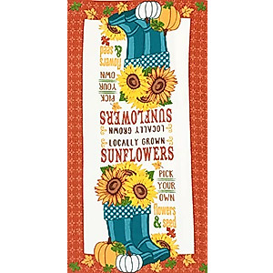 Autumn Sunflowers and Pumpkins Kitchen Towels and Pot Holder Set: Locally Grown Pick Your Own Flowers and Seeds with Cute Garden Boots (Be Thankful)