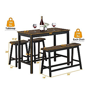 COSTWAY 4-Piece Solid Wood Dining Table Set, Counter Height Dining Furniture with One Bench and Two Saddle Stools, Industrial Style, Ideal for Home, Kitchen, Living Room (Gray & Brown)